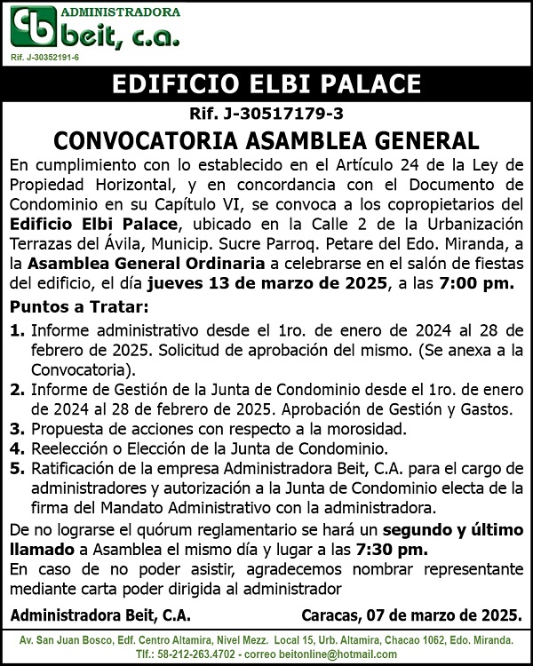 CONVOCATORIA EDIFICIO ELBI PALACE